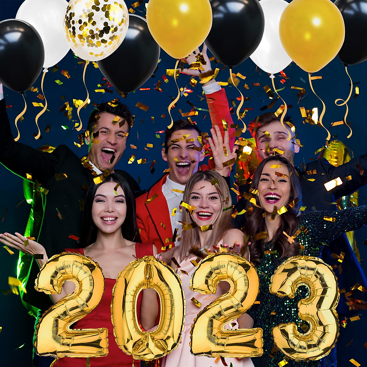 RUBFAC 100pcs Black Gold White Balloons, 12 Inches Latex Black Gold White and Confetti Balloons with Ribbons for Graduation Birthday Party Baby Shower Decorations