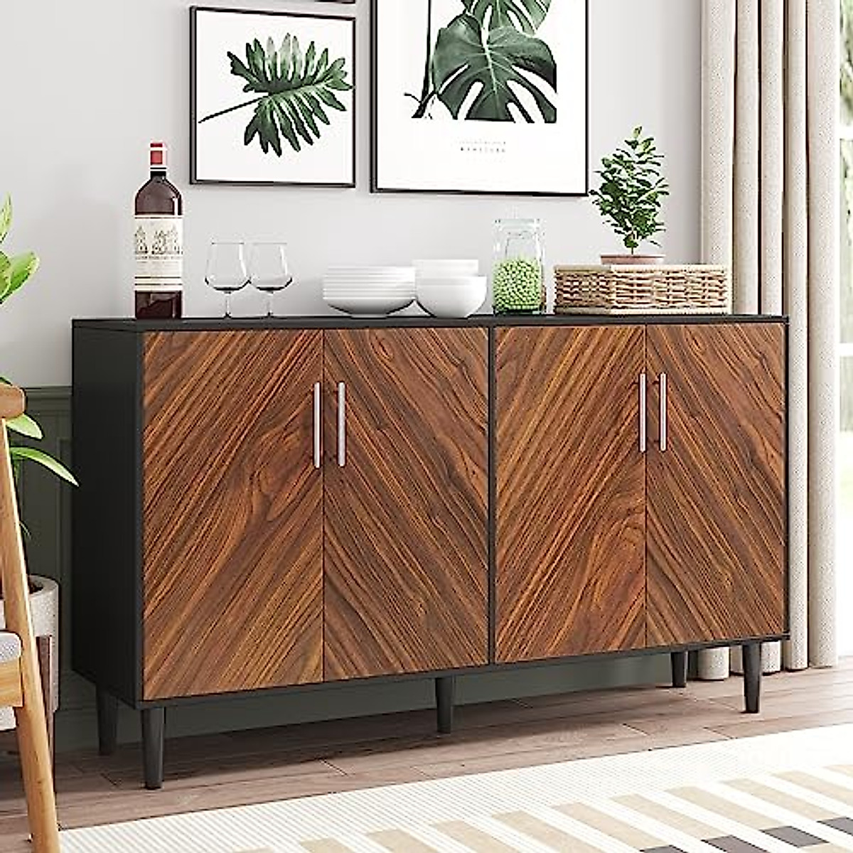 Black Sideboard Buffet Cabinet, 58’’ Buffet Cabinet with Storage, Black Sideboards and Buffets with Doors, Mid Century Sideboard with Doors, Modern Credenzas with Adjustable Shelf for Living Room