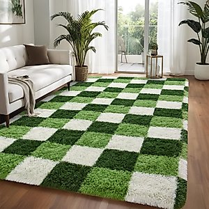 Larhom Modern Checkerboard Rug for Living Room Bedroom, 4x6 Ft Green Checkered Fluffy Carpet, Thickened Memory-Foam Area Rug for Kids Nursery Dorm, Home Decor, Anti-Slip and Easy to Clean