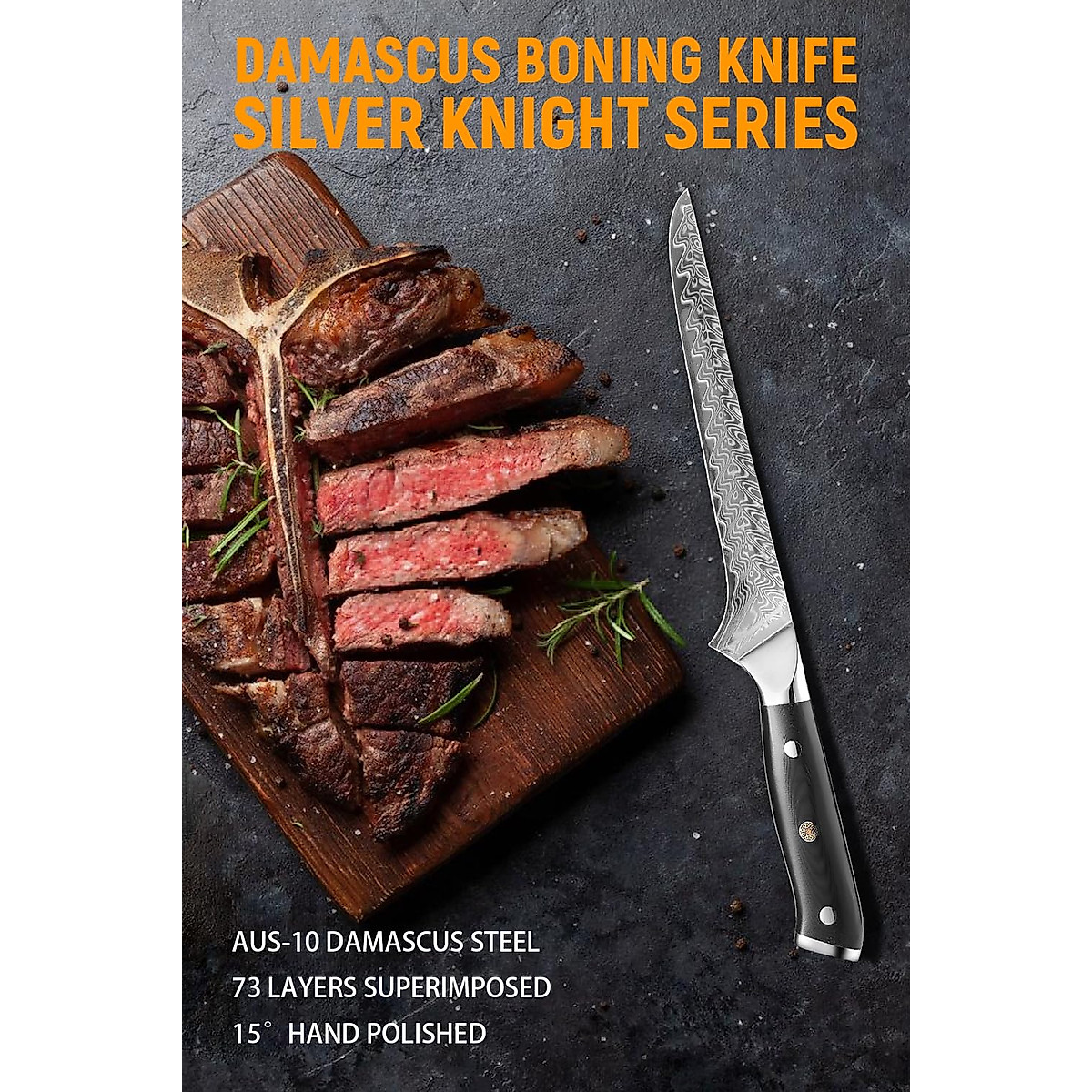 Gutoky 6 Inch Damascus Boning Knife, Feather Pattern Blade with G10 Handle, Japanese AUS10 Steel, Professional Kitchen Fillet Knife