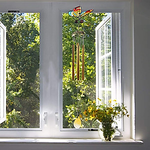 Butterfly Wind Chimes, AVEKI 27.5''H Iron Stained Glass Butterfly Wind Chimes Gifts for Mom Outdoor/Indoor Wind Chimes for Home, Garden, Window, Yard, Patio, Lawn Decoration (Yellow)