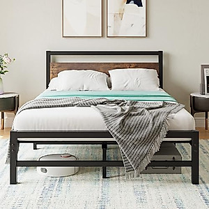 FOUBAM Full Bed Frame with Wood Headboard,Heavy Duty Platform Bed Frames with Storage No Box Spring Needed,Reinforced Steel Square Pipe Mattress Foundation Noise Free,Black and Rustic Brown