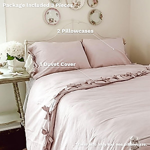 BISELINA 100% Washed Cotton Duvet Cover Set 3pcs with Bowknot Ties Strap Solid Color Linen Like Textured Durable Breathable Soft Comfy Chic Bedding (King, Pale Pink)