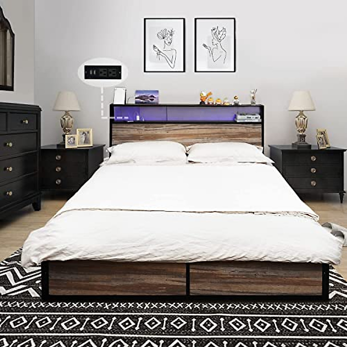 ARTETHYS Queen Led Bed Frame with 4 Storage Drawers, Wood Bed Frame with 2-Tires Storage Headboard and Charging Station, Metal Platform Bed with 2 Free Storage Bags, Noise-Free, No Box Spring Needed