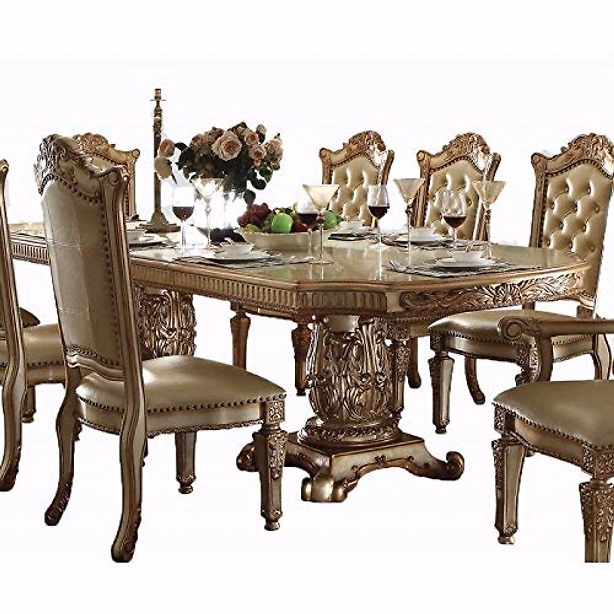 ACME Vendome Dining Table w/Double Pedestal - - Gold Patina & Bone