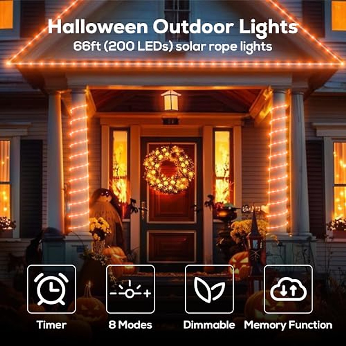 ICRGB Solar Halloween Lights, 66FT 200 LED Outdoor Rope Lights, IP67 Waterproof, 8 Modes Christmas String Lights for Outside, Tree Pathway Autumn Decorative