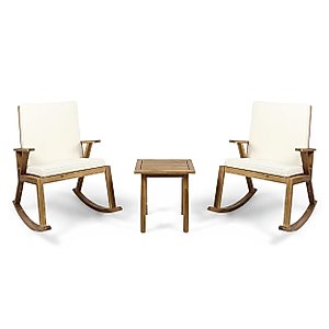 Christopher Knight Home Champlain Outdoor Acacia Wood Rocking Chair Chat Set, 26 "W x 35.75 "D x 36.75 "H, Teak + Cream