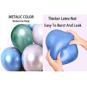 Blue and silver Metallic Chrome Latex Balloons, 50pcs 12 Inch Green Metallic Balloons White Latex Party Balloons for Bridal Shower Wedding Birthday Graduation Valentine’s Day Party Decoration