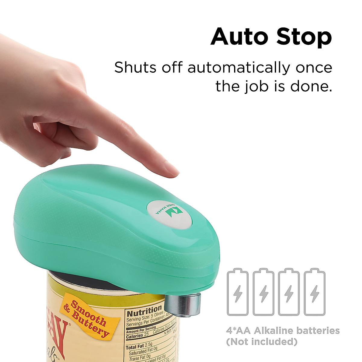 Kitchen Mama One Touch Electric Can Opener: Open with Simple Press of A Button - Auto Stop As Task Completes, Ergonomic, Smooth Edge, Food-Safe, Battery Operated (Teal)
