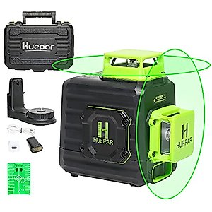 Huepar 2 x 360 Cross Line Self-leveling Laser Level, 360° Green Beam Dual Plane Leveling and Alignment Laser Tool, Li-ion Battery with Type-C Charging Port & Hard Carry Case Included - B02CG