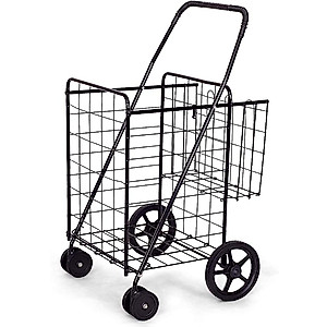 Nightcore Folding Shopping Cart, Large Grocery Utility Cart w/Dual Swiveling Wheels & Double Storage Baskets, Light Weight Trolley w/Portable Handle, Ideal for Laundry Book Luggage Travel (Black)