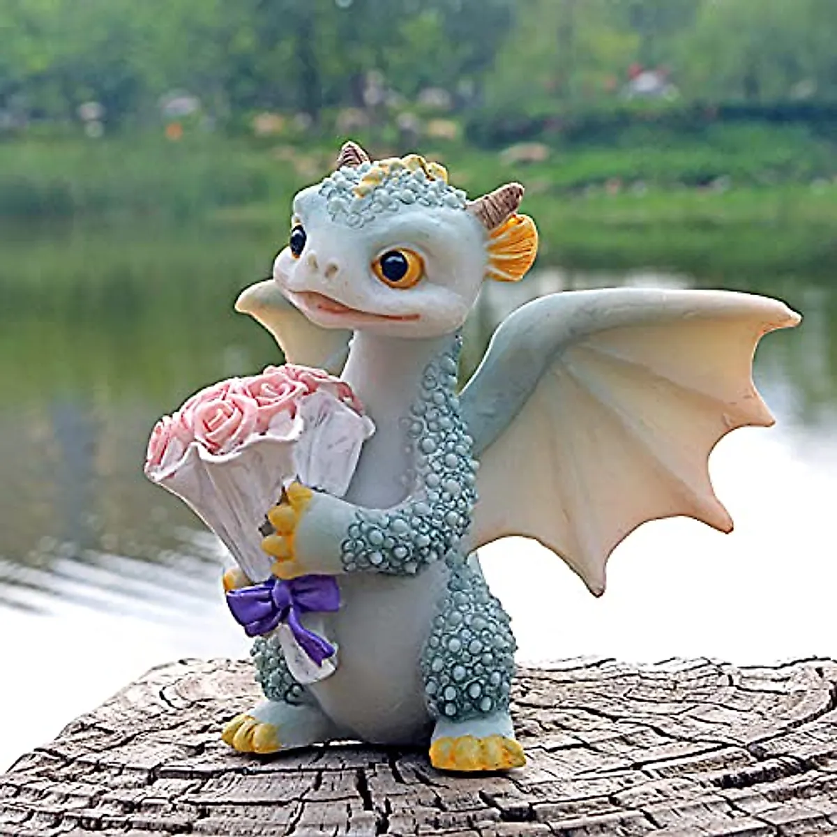 Aclema Miniature Figurines Fairy Garden Dragon Present Bouquet Resin Decor Collections for Terrarium Micro Landscape
