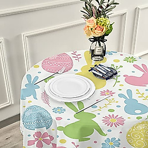 Easter Bunnies Eggs Round Tablecloth 60" Spring Flowers Peeps Flowers Tablecloths with Lace Washable Stain Resistant Tablecover for Kitchen Dining Holiday Home Party Decorations