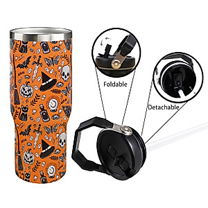 30oz Halloween Tumbler with Handle and Straw, Goth Black Cat Insulated Tumbler, Pumpkin Bat Skull Leak Proof Travel Coffee Mug, Reusable Stainless Steel Witch Tumbler, Halloween Gifts for Women