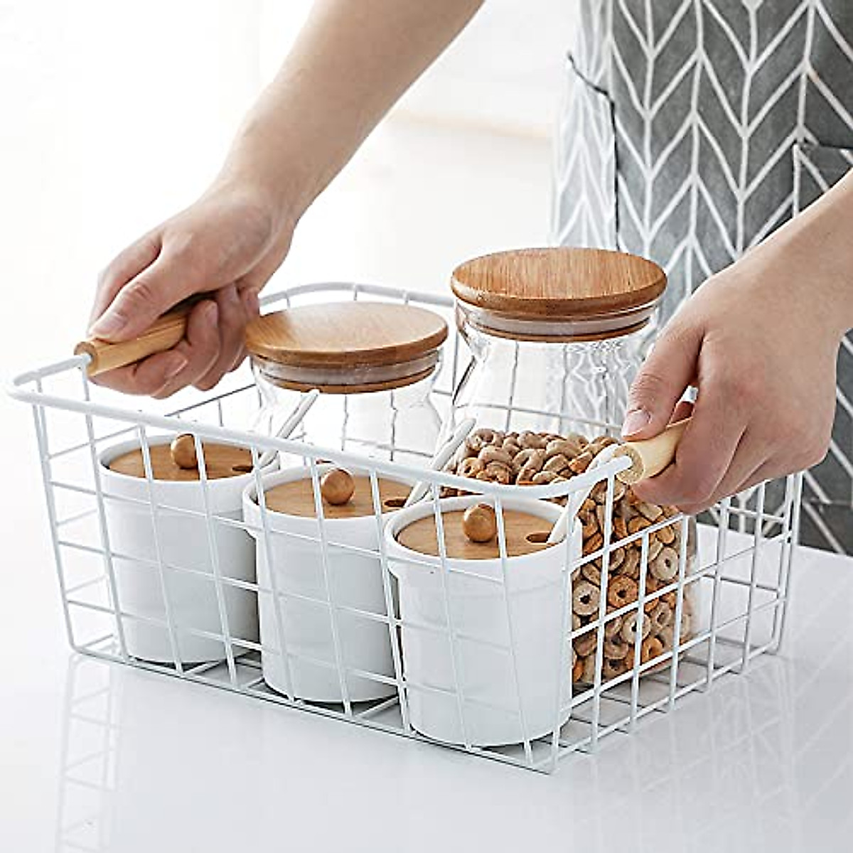 Aeggplant Kitchen Wire Baskets Farmhouse Decor Metal Food Storage Organizer,Household Refrigerator Bin with Built-in Handles for Cabinets, Pantry,Bathroom 4 Packs (white)