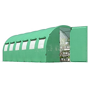 Papababe 20x10x7ft Large Walk-in Greenhouse for Outdoors with Watering System Upgraded Swing Door Tunnel Greenhouse kit,12 Windows, Ground Pegs & Film Clips, Heavy Duty Galvanized Steel Frame,Green