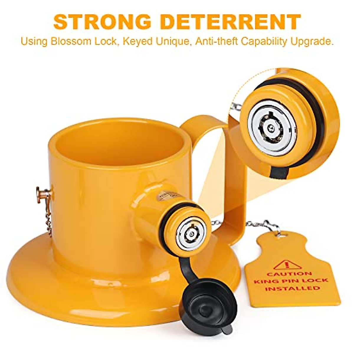 EZOOOOIU 5th Wheel King Pin Lock, Heavy Duty Steel Security Anti-Theft Lock with Bright Yellow Warning Caution Tag, 5th Wheel Lock for Semi/RVs/Container/Trailers