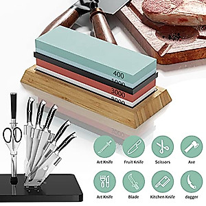 Whetstone Knife Sharpening Stone 4 Side Grit 400/1000 3000/8000 Waterstone, Whetstone Knife Sharpener, Sharpening Stone Whetstone Set with Bamboo Base, Flatting Stone, Angle Guide & Leather Strop
