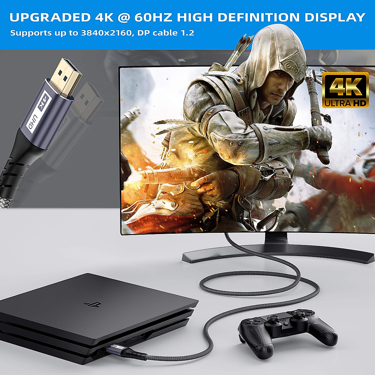 Yurnero DisplayPort Cable 144hz, DP Cable 10FT，[4K@60Hz, 2K@165Hz, 2K@144Hz] Gold-Plated Braided Ultra High Speed Monitor Cable for Gaming Monitor, Graphics Card, TV, PC, Laptop