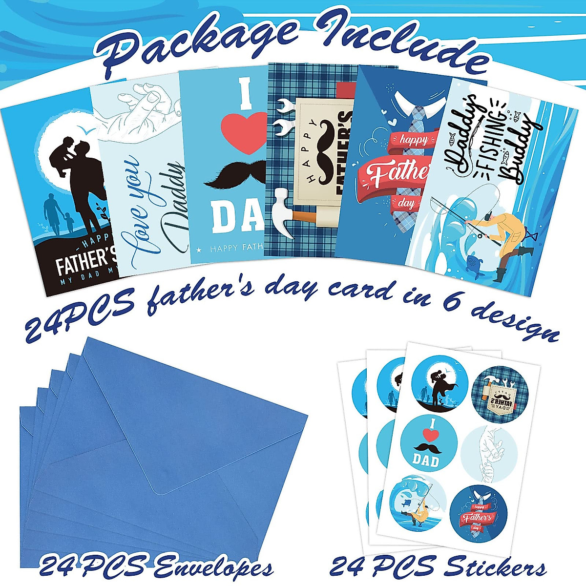 Whaline 24 Pack Father's Day Greeting Cards Happy Father's Day Note Cards with Blue Envelopes & Stickers I Love Dad Gift Blank Cards for Father's Day Birthday Party Supplies, 4 x 6 Inch, 6 Design