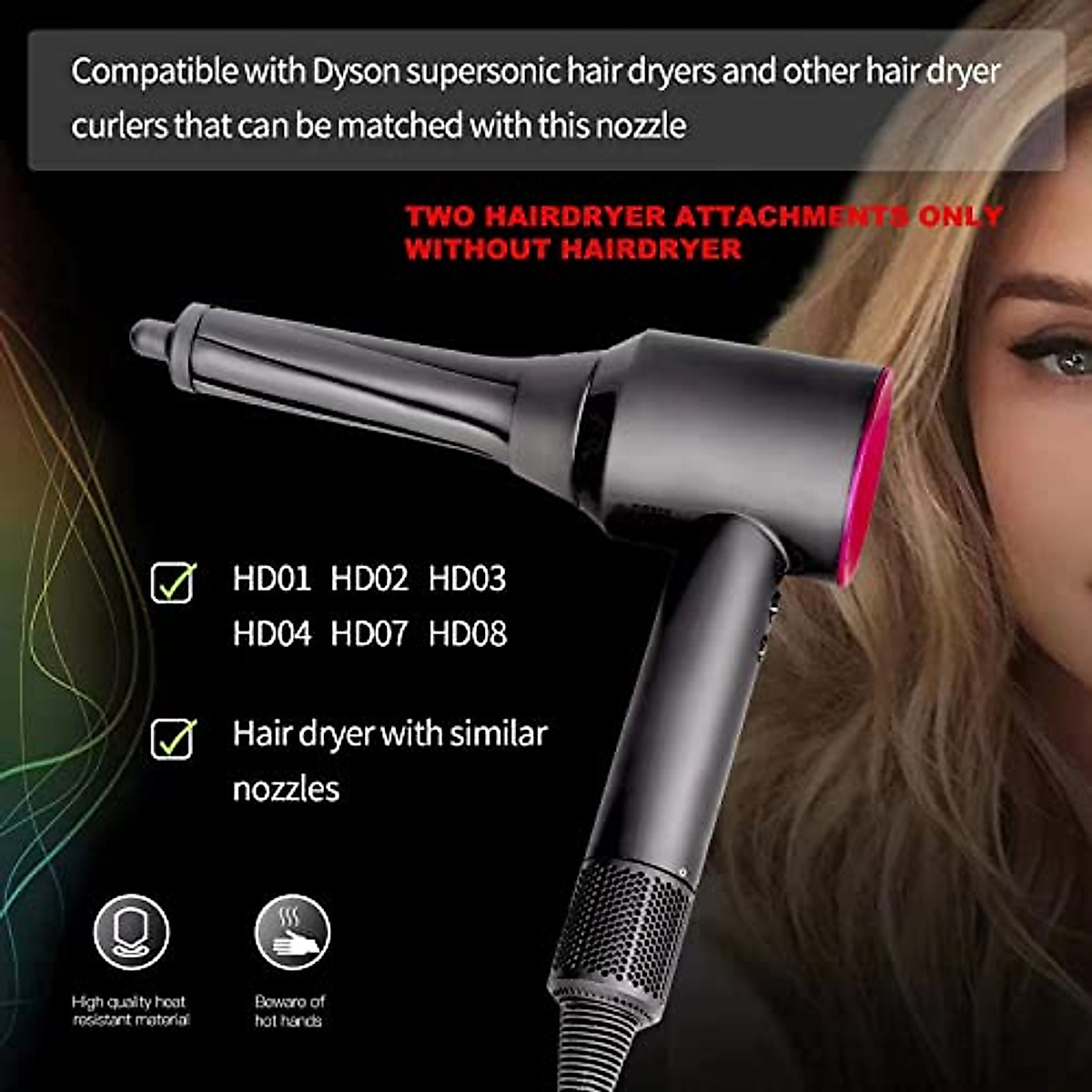 Amgnetic adsorption Hair Dryer attachments - Curling iron for Dyson Supersonic Hair dryer HD01 HD02 HD03 HD04 HD07 ，Hair Dryer professional attachments for Women Styling Natural，Contain 2 Curling Iron