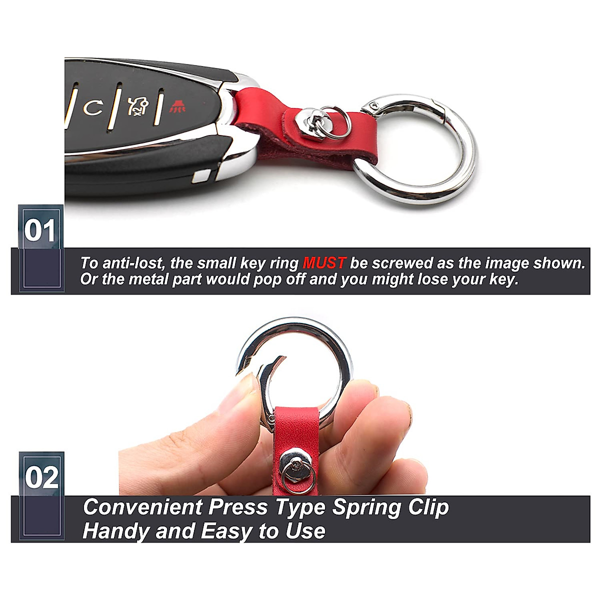 INFIPAR Circle Carabiner Keychain Clip Quick-Release Spring Ring & Anti-lost Ring Attach Leather Key Chain, No Screwdriver Required, 1 Pack, Red - Newest Version