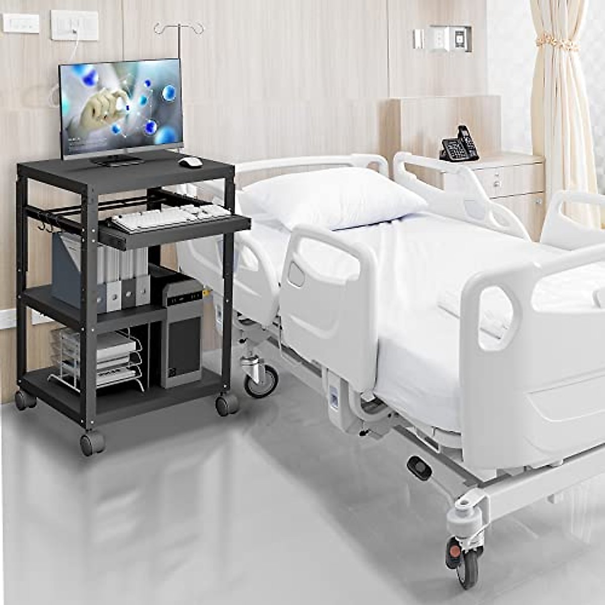 tonchean AV Presentation Cart with Keyboard Tray, Heavy Duty Mobile Workstation Presentation Cart for Video Projector, Laptop Computer, Media Cart for School Classroom Office（Black）