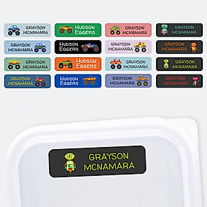 128 Monster Truck Custom Kid Name Label for Daycare, Waterproof Dishwasher Safe, Personalized Name Sticker for Camp, School Supply, Baby Bottle, Lunch Boxes, Water Bottle, Cups (Pattern2)