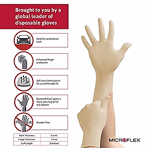 Microflex Diamond Grip MF-300 Disposable Latex Gloves for Automotive, Machinery Industries - Small, Natural Clear (Box of 100)