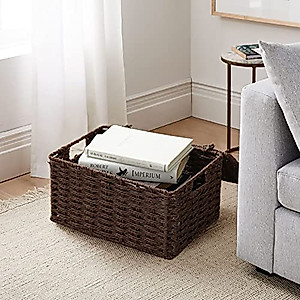 Motifeur Hand-woven Paper Rope Rectangular Baskets With Lids, Multi-purpose Stackable Utility Organizers with Built-in Handles (Set of 3, Brown)