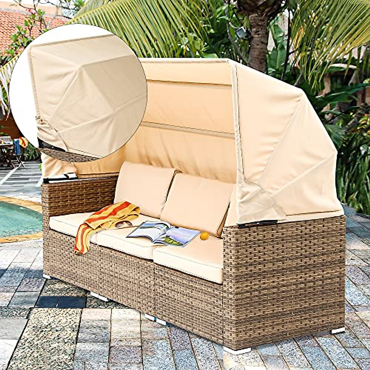 YITAHOME Patio Wicker Sofa Daybed Furniture Set with Retractable Canopy, Storable Side Table Outdoor Lounger with Soft Cushions for Backyard Porch (Light Brown + Beige)