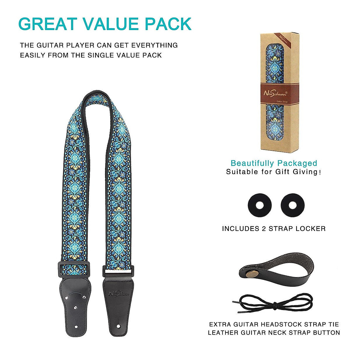 NeuSchwan Adjustable Electric Guitar Strap/Acoustic Guitar Strap/Bass Strap-Cotton Jacquard Embroidered Genuine leather Ends Guitar Straps with 1 Pick Holder, Free Bonus 2 Silicone Strap Locks, Blue
