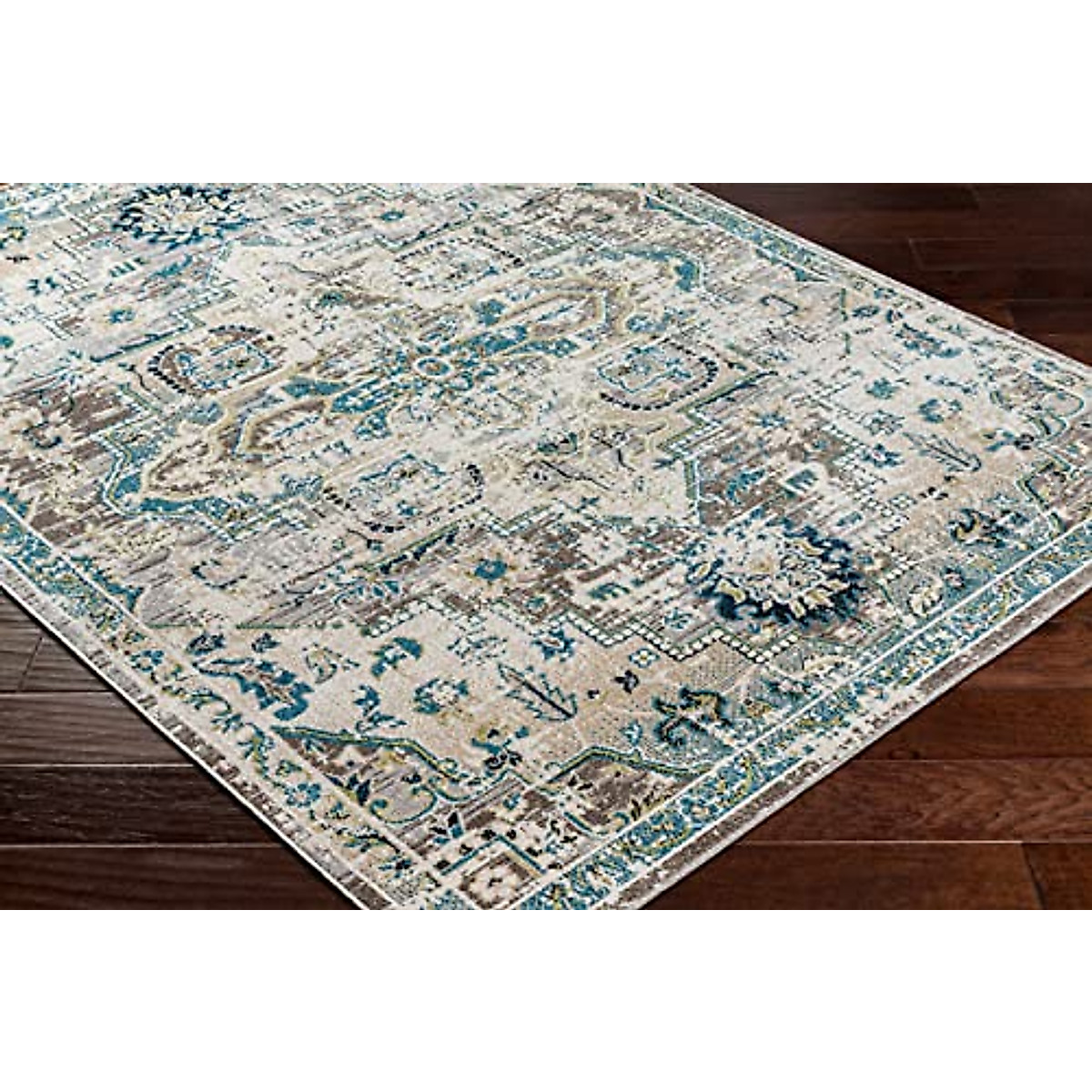 Hauteloom Cabacungan Traditional Persian Medallion Living Room Bedroom Area Rug - Machine Washable Distressed Carpet - Bohemian Oriental - Easy to Clean - Blue, Grey, Beige - 6'7" x 9'