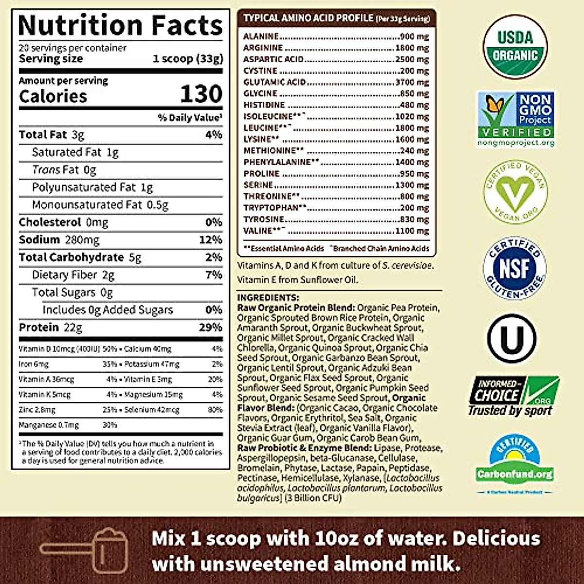Garden of Life Raw Organic Plant Based Protein Powder, Chocolate - Vegan Protein Shake with BCAAs, Probiotics & Digestive Enzymes - No Soy, Dairy, Lactose or Gluten, Sugar Free - 20 Servings