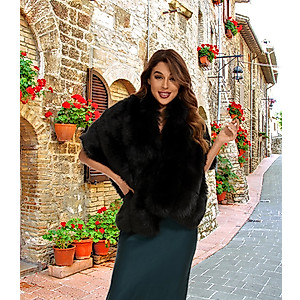 FlyGulls Women's Black Faux Fur Shawl Luxury Fur Shawls and Wraps for Evening Dresses Bridal Faux Fur Wrap for Bride and Bridesmaids Warm Fur Cape for Winter Wedding Evening Party（Black）