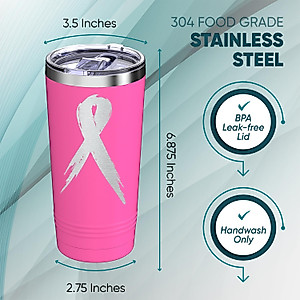 shop4ever Breast Cancer Awareness Pink Ribbon Insulated Tumblers 20 oz. with Lid, Stainless Steel Cups Travel Coffee Mug (Pink)