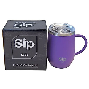 PURPLE Double Walled 18/8 StainlessSteel Insulated Cup, Handle & Lid 12oz- Keeps your Drinks Hot up to 6 hours Cold up to 24hour - Coffee, Tea, Beer, Water, Wine - Arrives Boxed for easy Gifting!