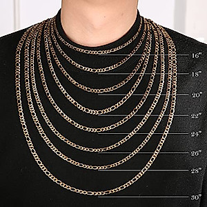 HZMAN Men Women 24k Real Gold Plated Figaro Chain Stainless Steel Necklace, Wide 3mm 5mm 7mm 9mm