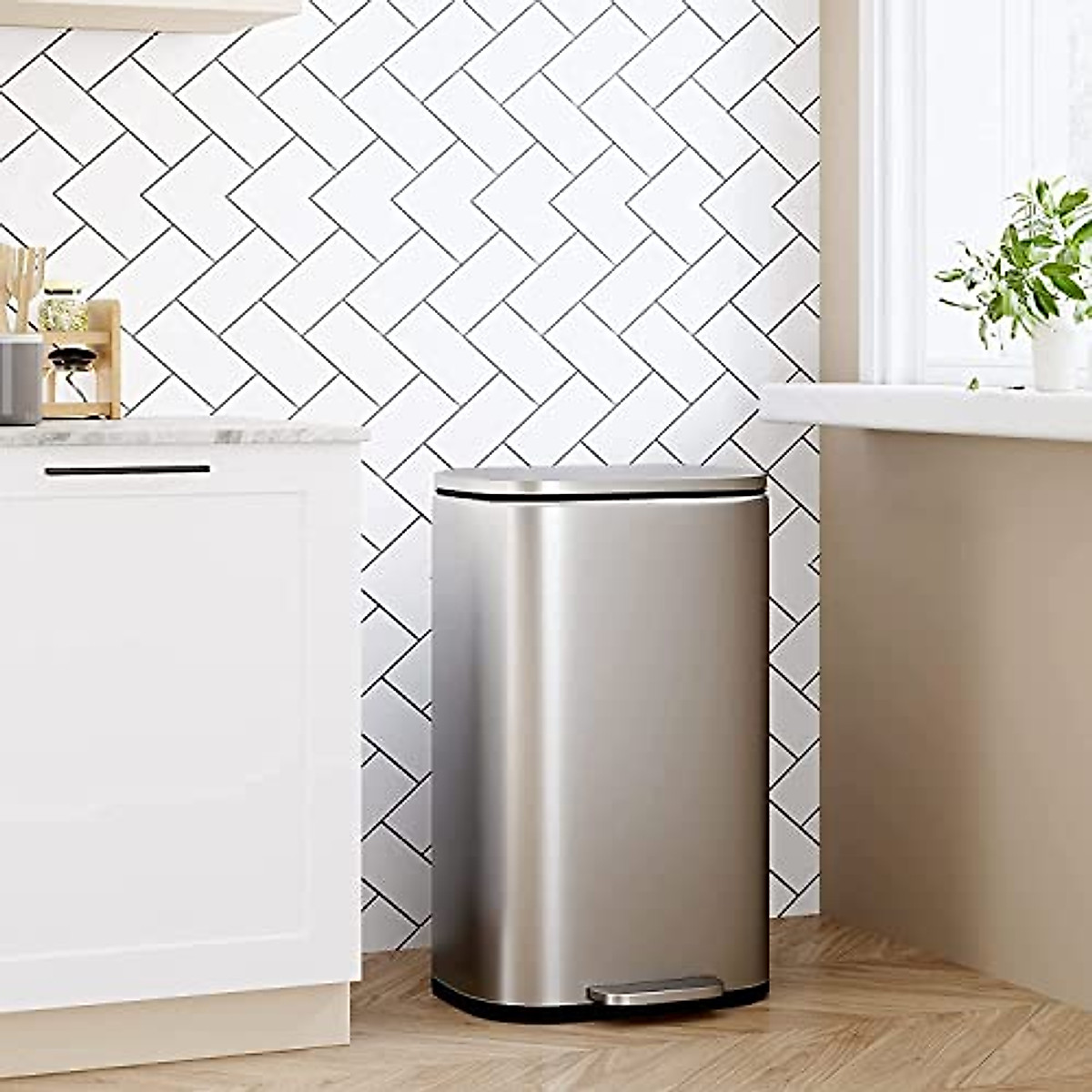 13.2 Gallon(50L) Trash Can, Fingerprint Proof Stainless Steel Kitchen Garbage Can with Removable Inner Bucket and Hinged Lids, Pedal Rubbish Bin for Home Office