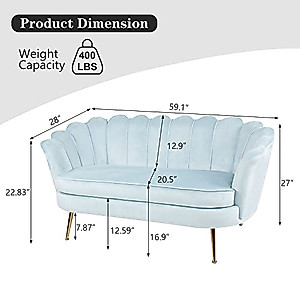 QHITTY Velvet Loveseat, 58'' Velvet Sofa Accent Couch Settee Upholstered Chair, 2 Seater Small Loveseat for Small Spaces, Living Room (Light Blue)