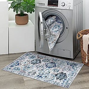 Fashriend FAZ Washable Doormat Boho Chic Medallion Trellis Distressed Non-Slip Foldable Washable Area Rug 2'×3' Stairway Entryway Silver Purple Multi