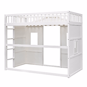Twin House Loft Bed Frame for Kids, Wood Twin Loft Bed with Windows and Guardrail, Playhouse Bed, Twin Size Loft Bed for Boys & Girls, No Box Spring Needed, Underbed Height is 51 Inches, White