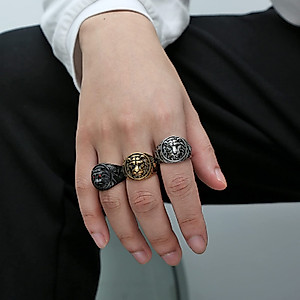 HZMAN Men's Vintage Stainless Steel Ring Lion Head Shield Biker Gold/Silver