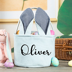 Personalized Easter Basket for Boys Girls, Seersucker Egg Hunt Bunny Baskets for Kids, DIY Bunny Bucket Tote Bags for Easter Decoration Candy Gifts Storage