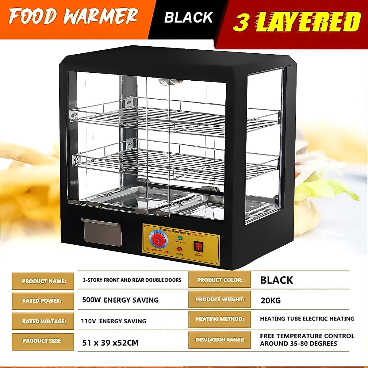 3-Tier Food Warmer, Commercial Food Warmer Display Electric Countertop Food Pizza Warmer with LED Lighting Removable Shelves Glass Door, Pastry Display Case for Buffet Restaurant 500w