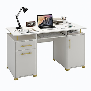4 EVER WINNER White Desk with Storage, 55 Inch White and Gold Desk with Keyboard Tray, Wood Writing Study Table Home Office Desk with File Drawer, Storage Cabinet, Golden Handles, White