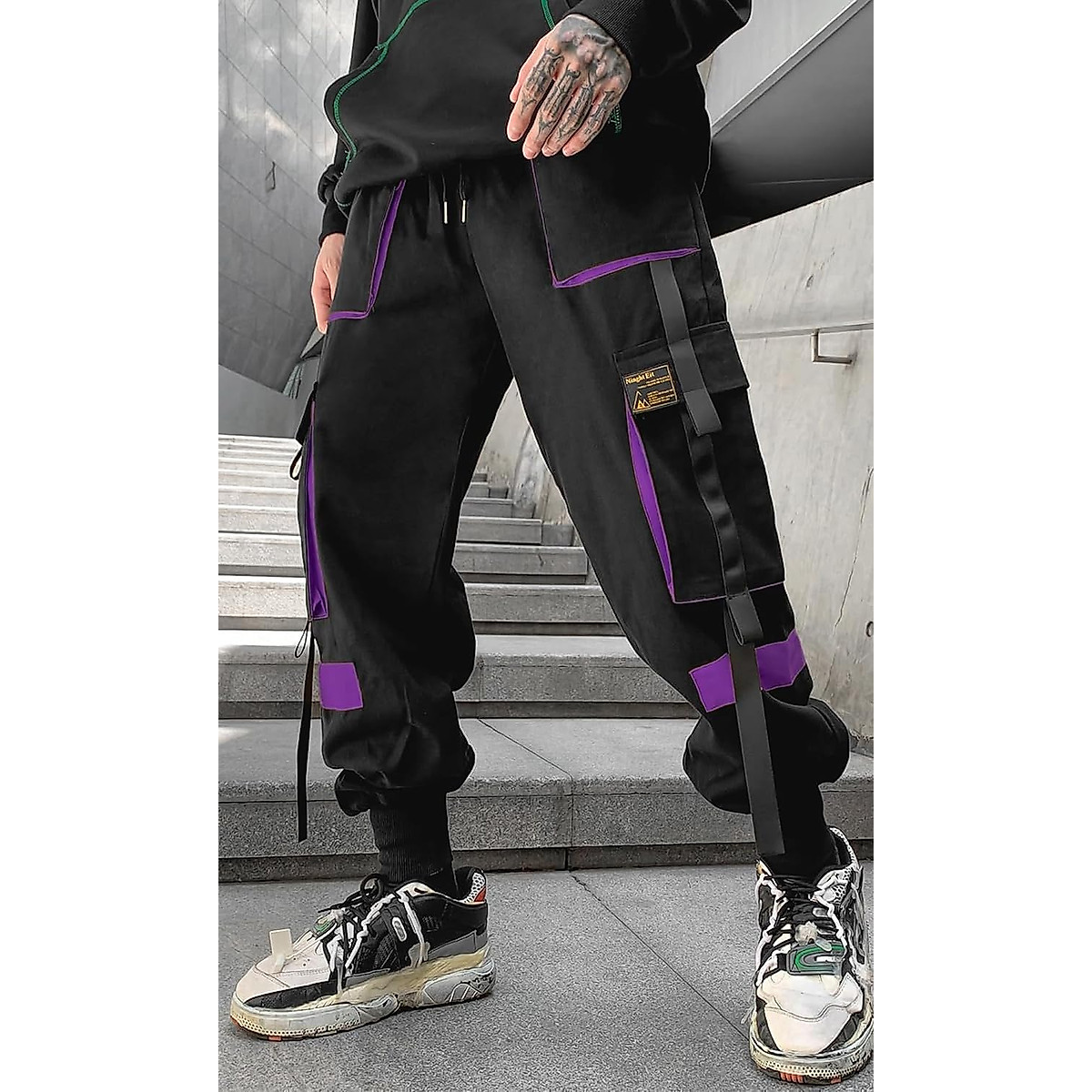 Mens Color Patchwork Punk Cargo Tactical Track Pants Techwear Hip hop Joggers Streetwear Pants Pink-20 X-Small