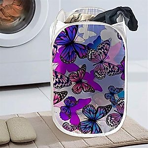 Howilath Purple Butterfly Collapsible Fabric Laundry Hamper, Foldable Clothes Bag, Folding Washing Bin - L
