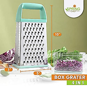 Spring Chef Professional Box Grater With Storage Container, Stainless Steel & Soft Grip Handle, 4 Sides, Handheld Kitchen Food Shredder Best for Parmesan Cheese, Vegetables, Ginger, 10" Mint
