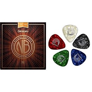 D'Addario Nickel Bronze Light Top/Med Bottom Acoustic Guitar Strings and 10 Pack Assorted Celluloid Medium Guitar Picks